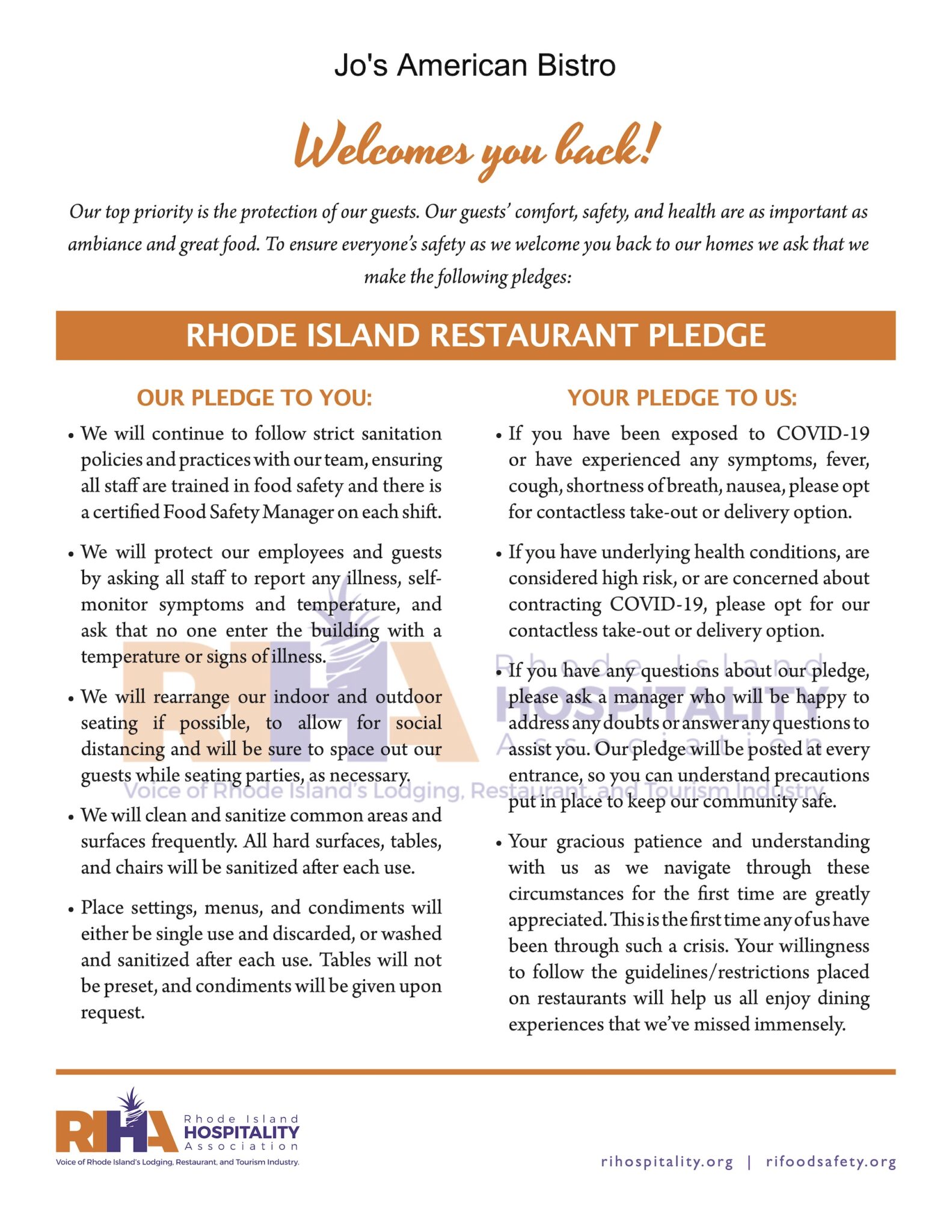 RI Restaurant Pledge • Jo's American Bistro | Newport RI Restaurants